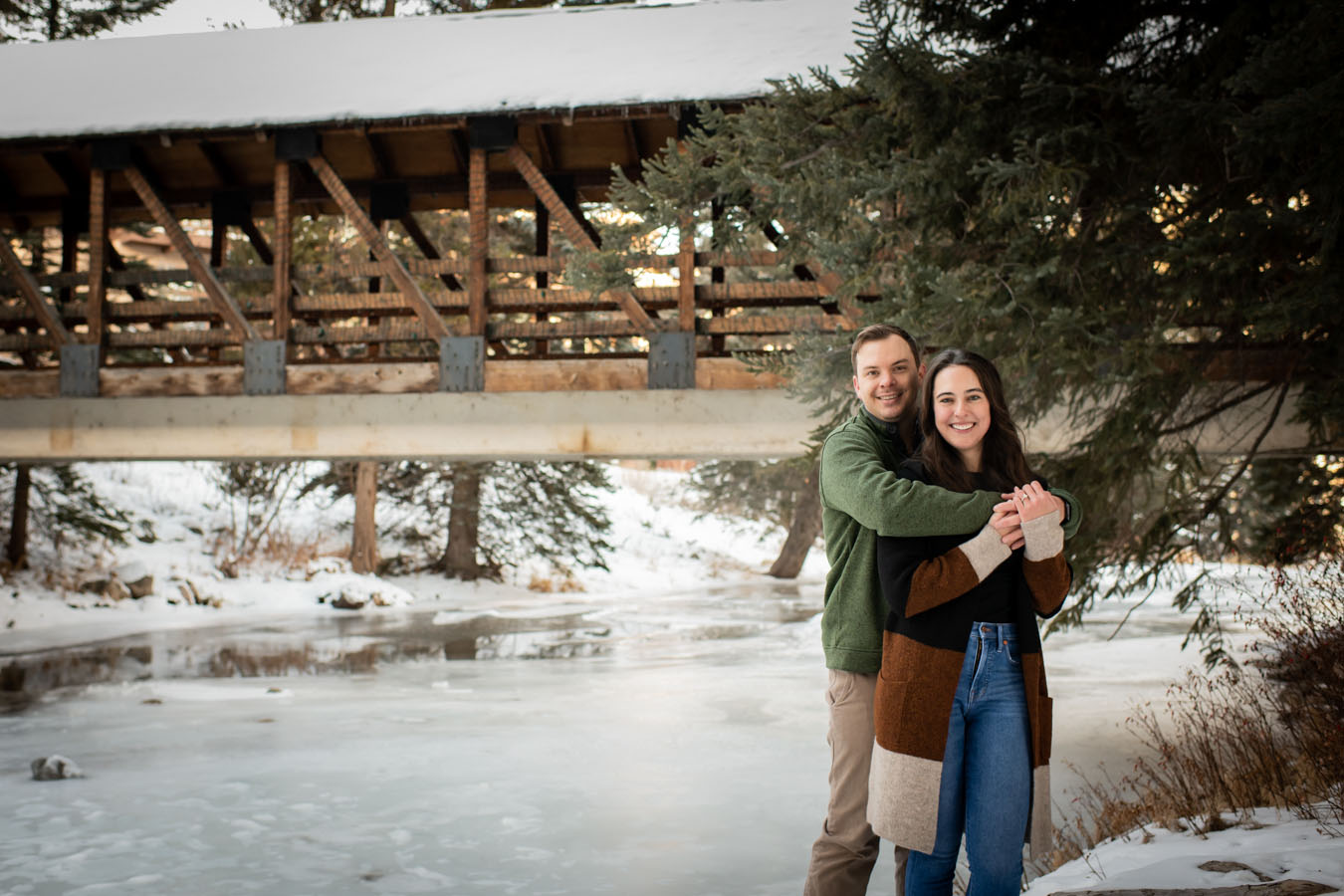 Vail Covered Bridge Proposal Frozen Creek in Winter | Colorado Wedding ...