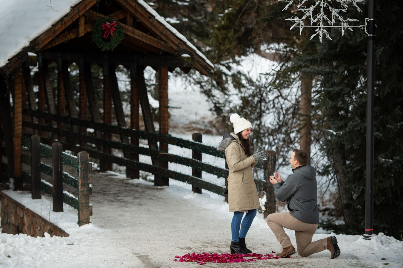 Colorado Winter Proposal in Vail Village at a Covered Bridge