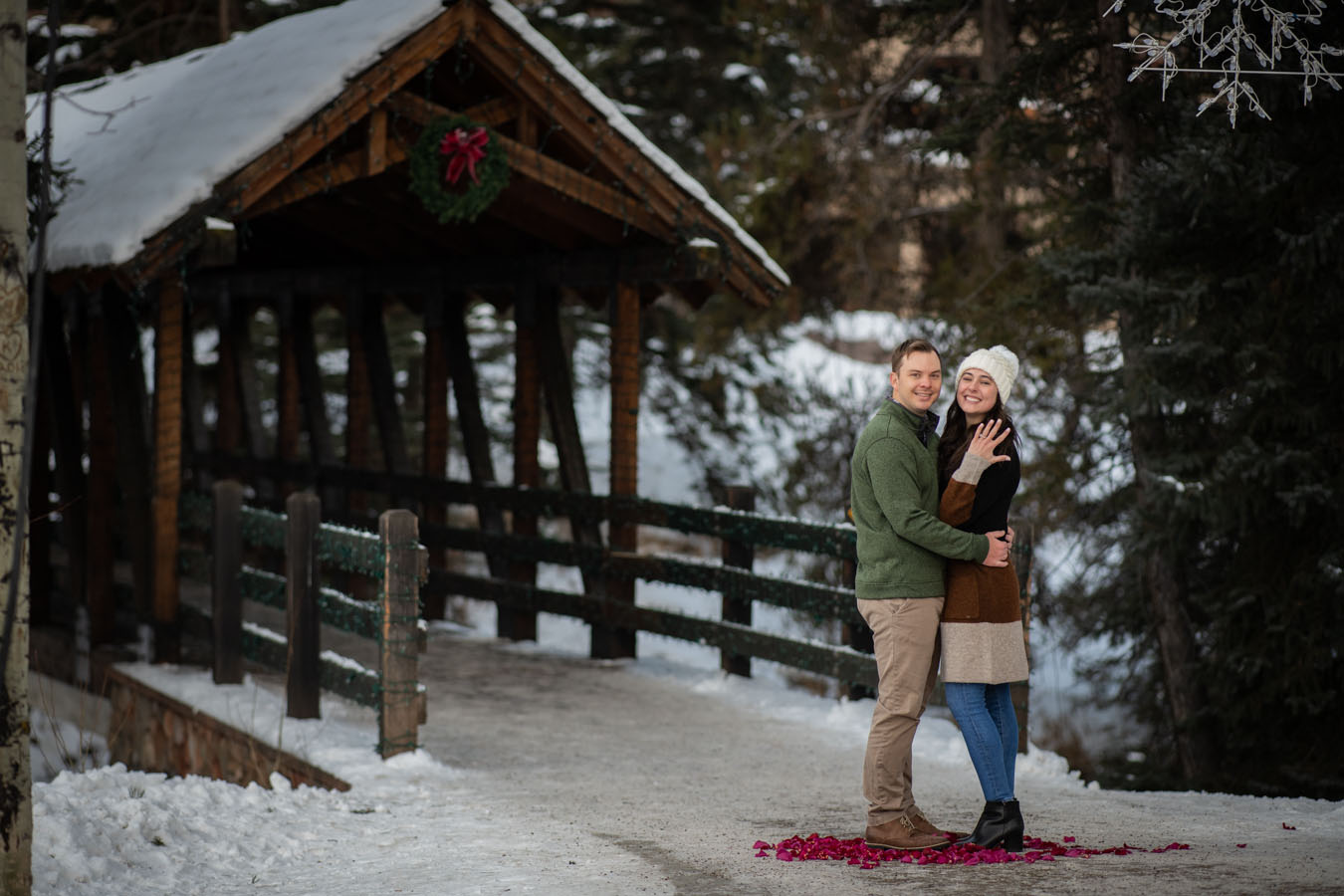 Colorado Winter Proposal in Vail Village at a Covered Bridge